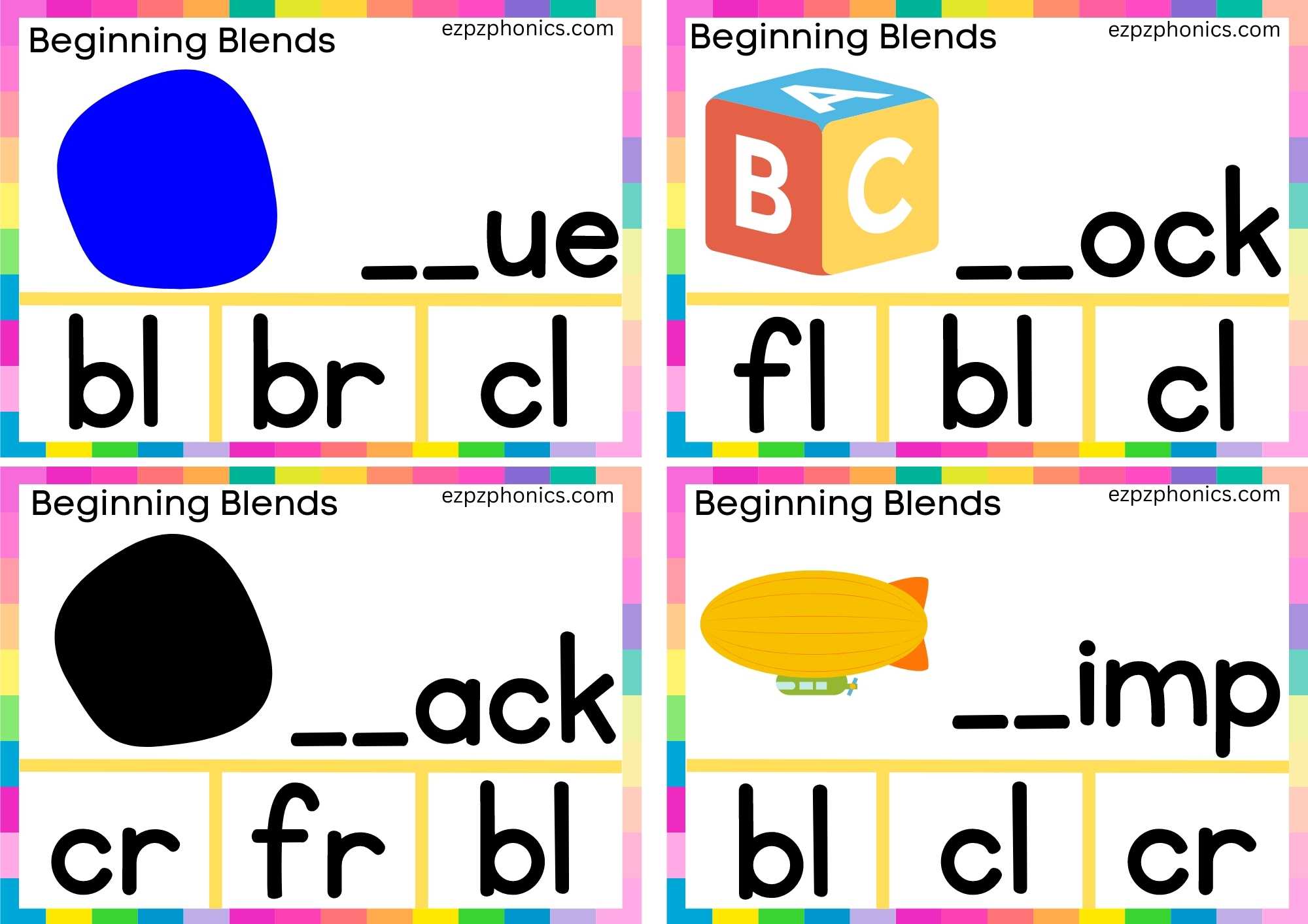 BL Beginning Blends Clip Cards Finish The Words And Clip The Correct Letters Set 1 - ezpzphonics.com